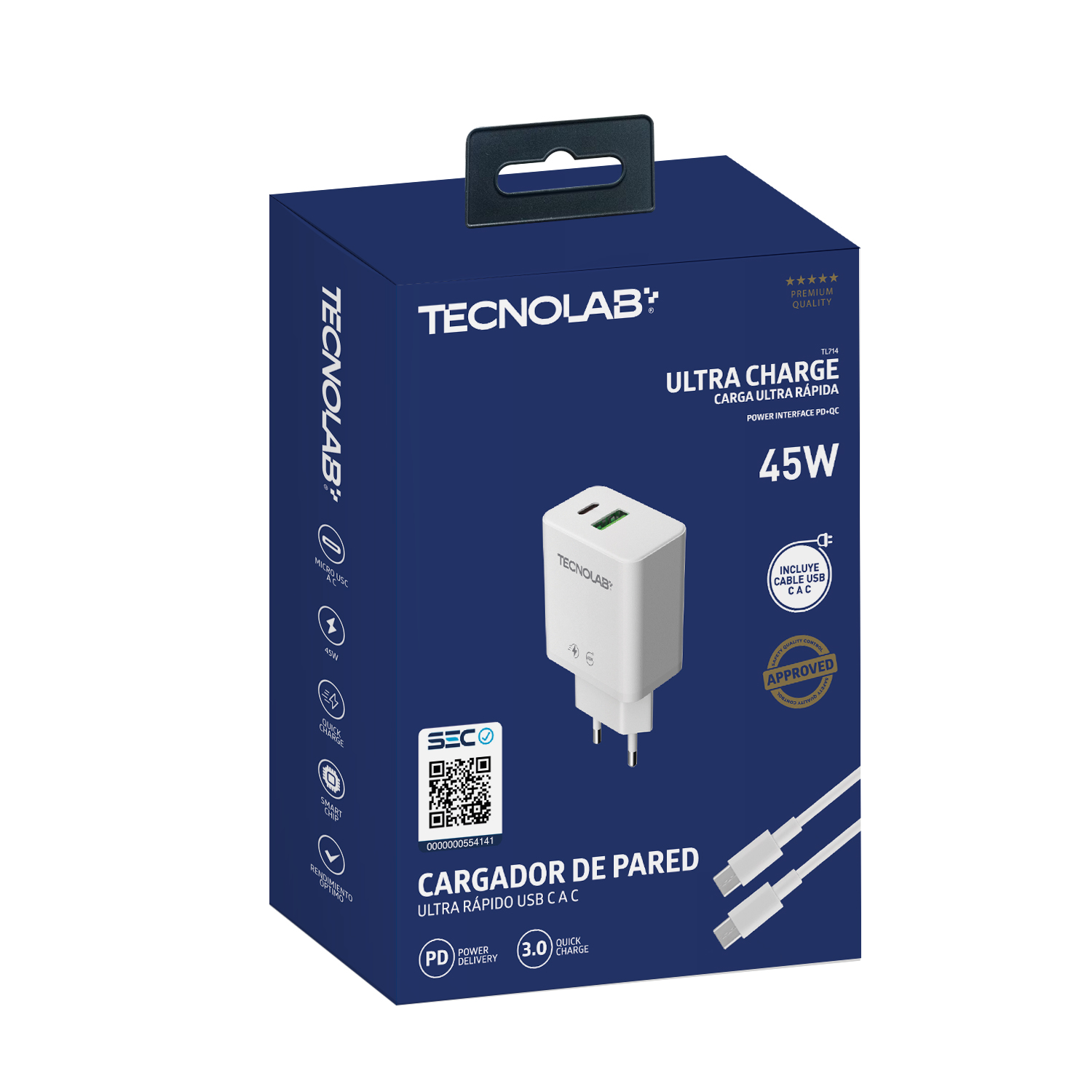 CARGADOR TECNOLAB QC 3.0 + PD 45W CON CABLE TIPO C A C. CERTIFICACION ...