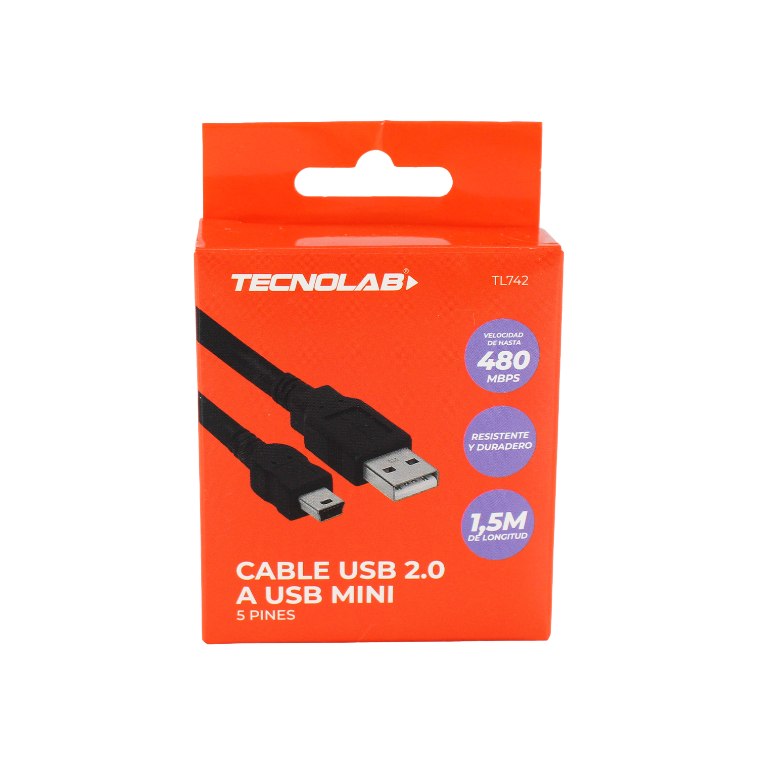 CABLE TECNOLAB USB 2.0 A USB MINI 5 PINES, 1.5 METROS - Pacific Color