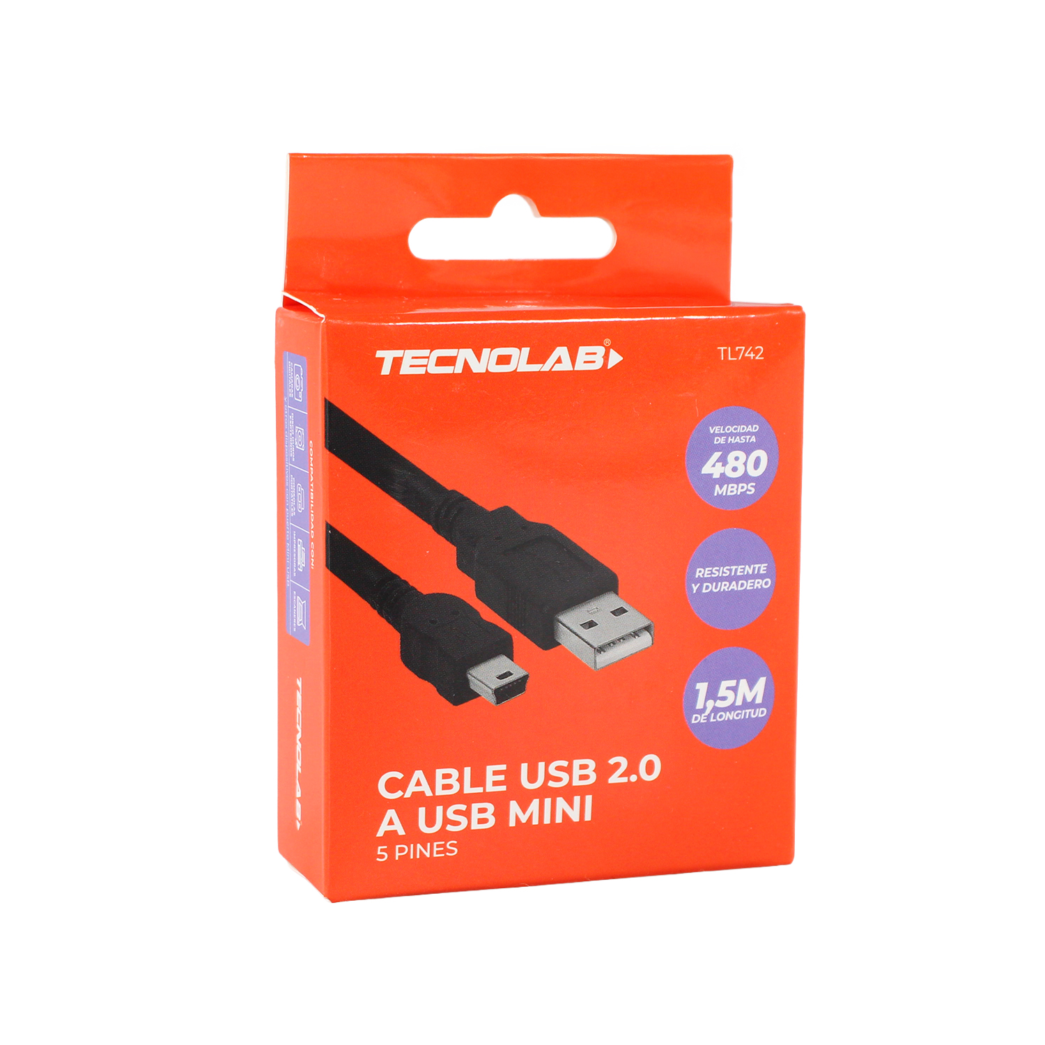 CABLE TECNOLAB USB 2.0 A USB MINI 5 PINES, 1.5 METROS - Pacific Color
