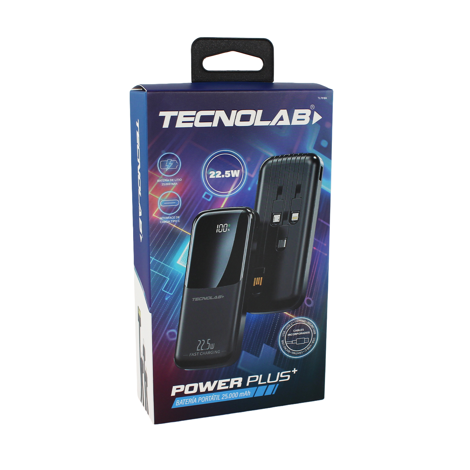 POWERBANK TECNOLAB 25000MAH 22,5W INCLUYE 4 CABLES, TIPO C, USB, MICRO ...