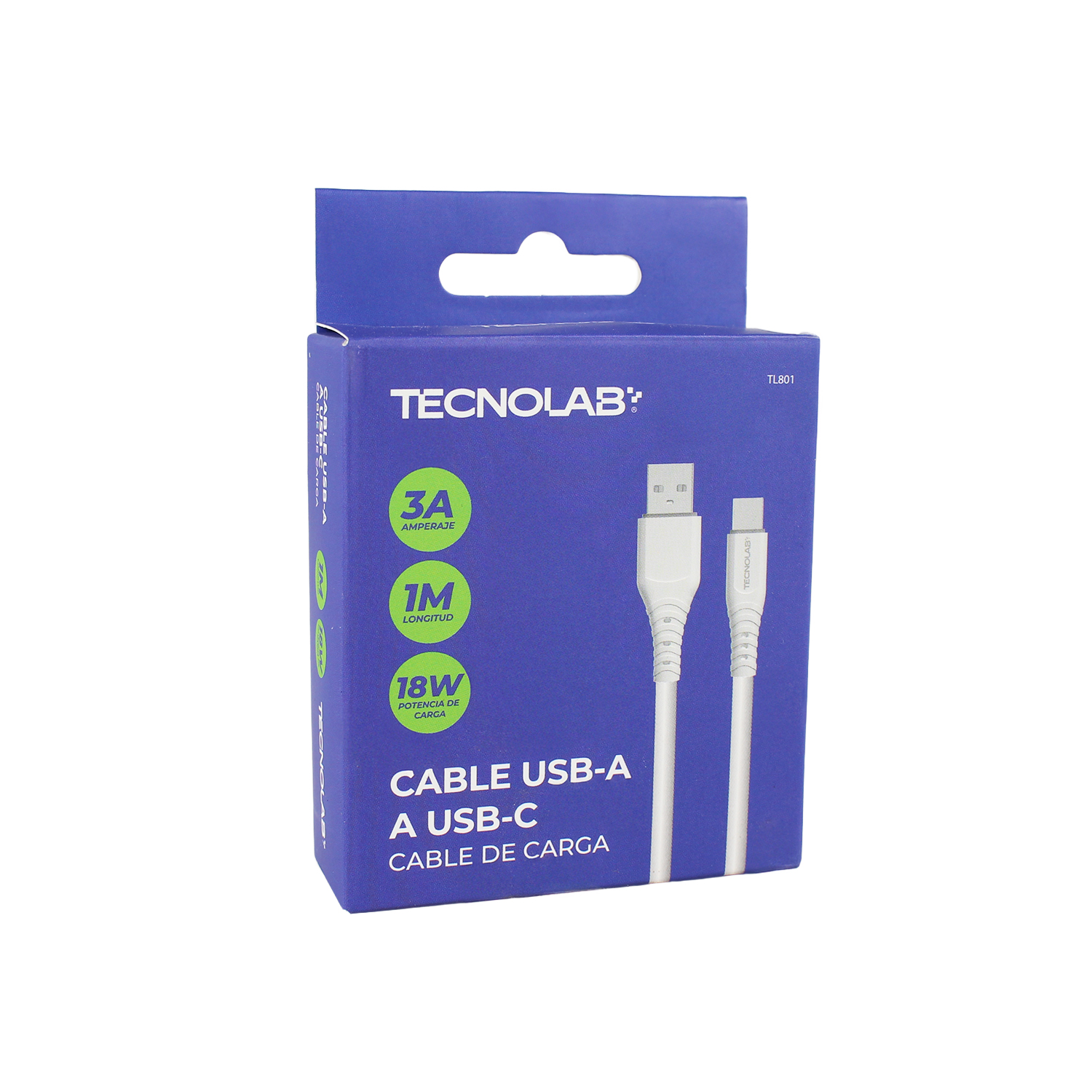 CABLE TECNOLAB 18W USB A TIPO C. 1 METRO. WHITE - Pacific Color